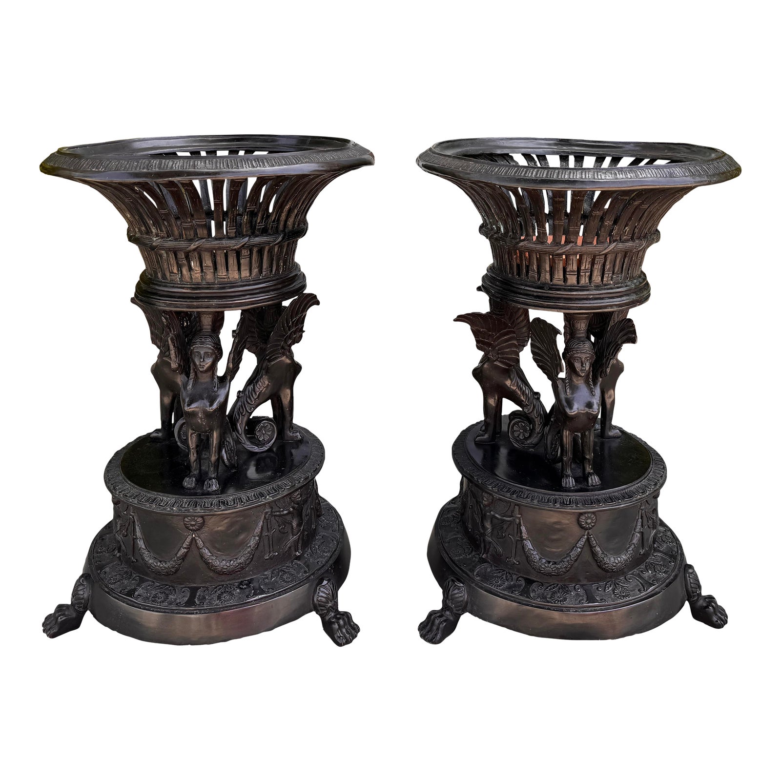 Pair of Antique Iron Winged Griffin Brazier Plant Stand Urns | Chairish