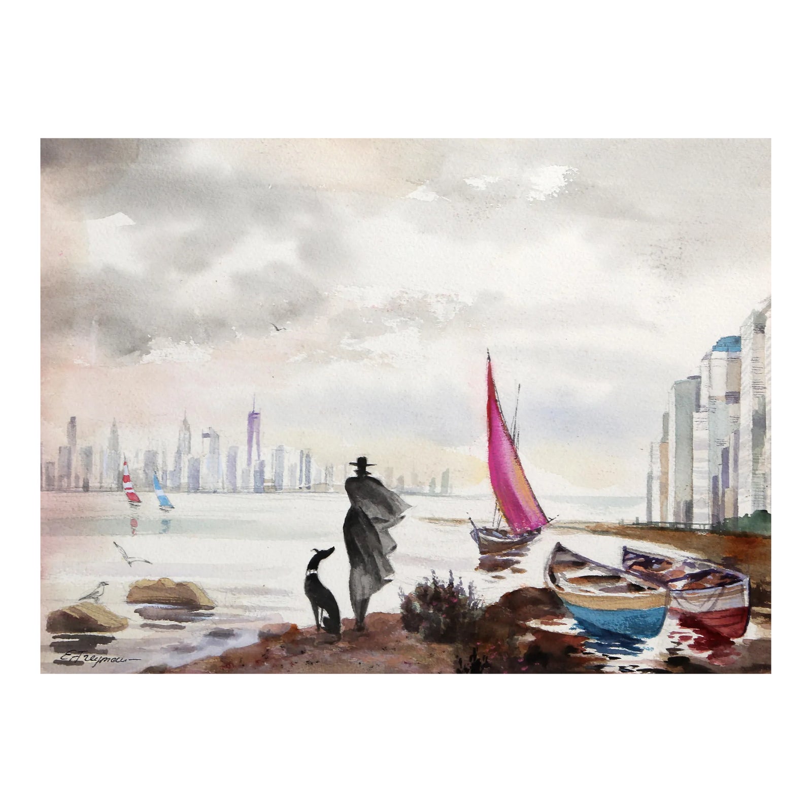 New York View, Erik Freyman Watercolor With Pastels on Paper, Signed in ...
