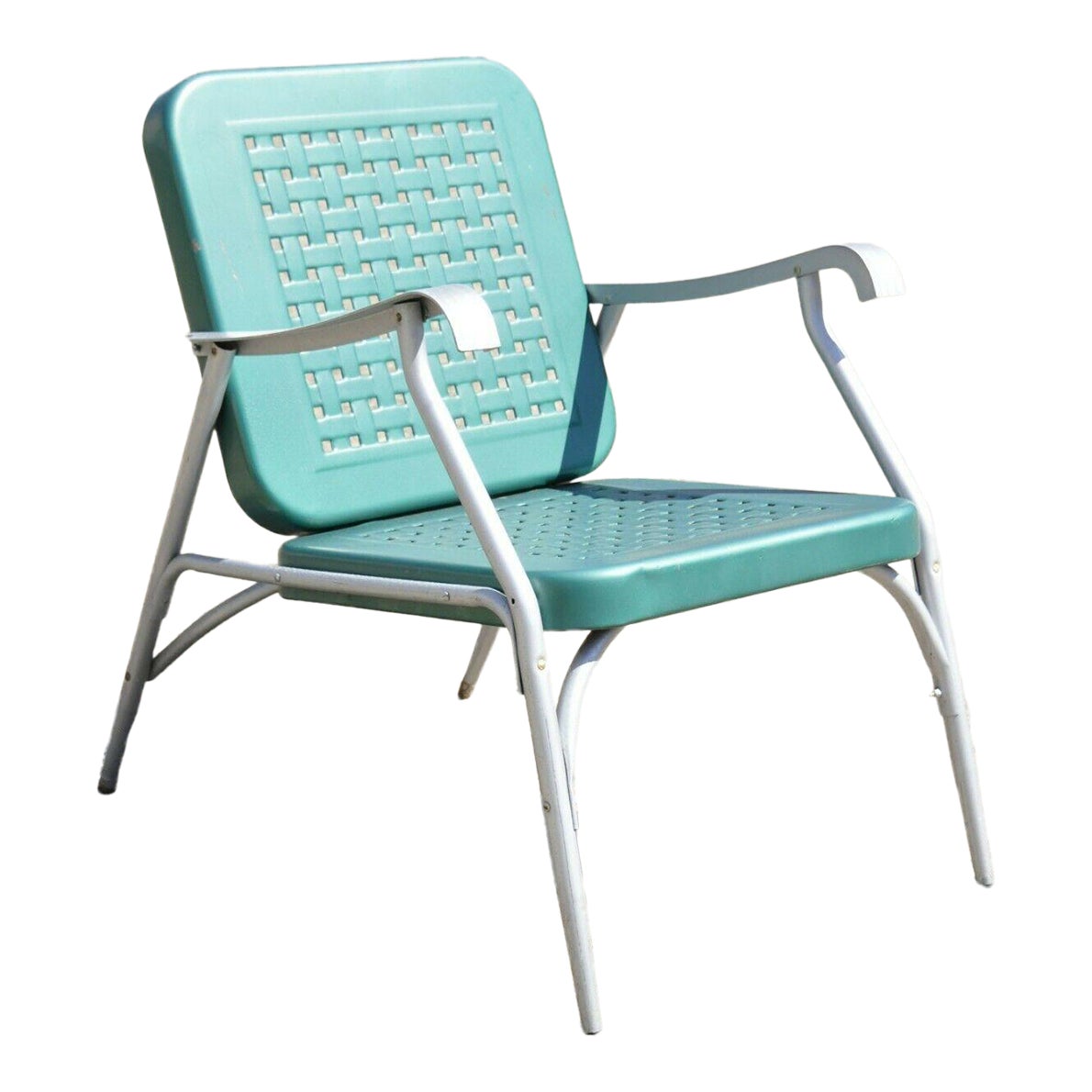 Vintage Green Metal Aluminum Basket Weave Patio Porch Outdoor Arm Chair ...