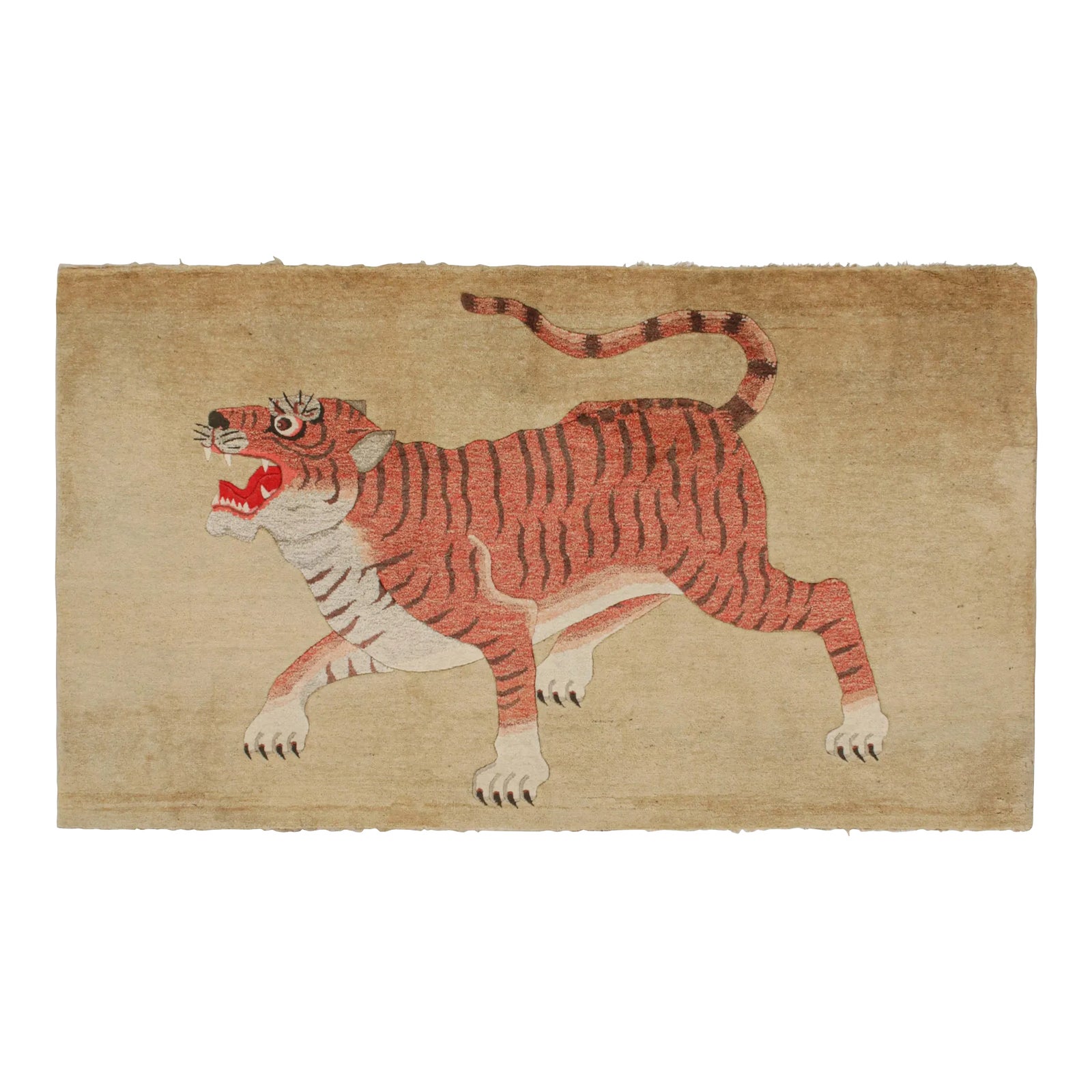 1920s Antique Tiger Runner Rug in Beige-Brown With Red Pictorial, From ...