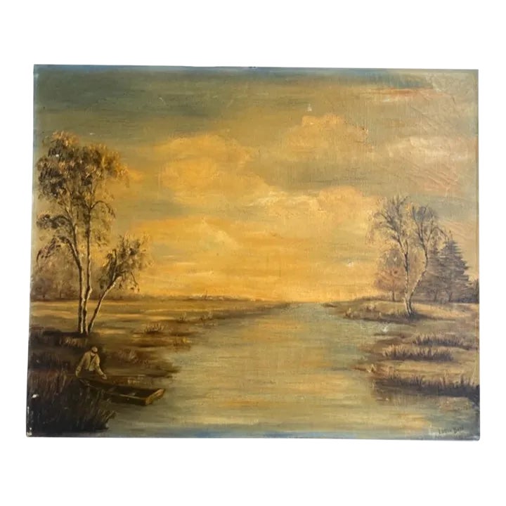 Vintage Landscape Oil on Canvas Painting Depicting a Marsh Scene ...