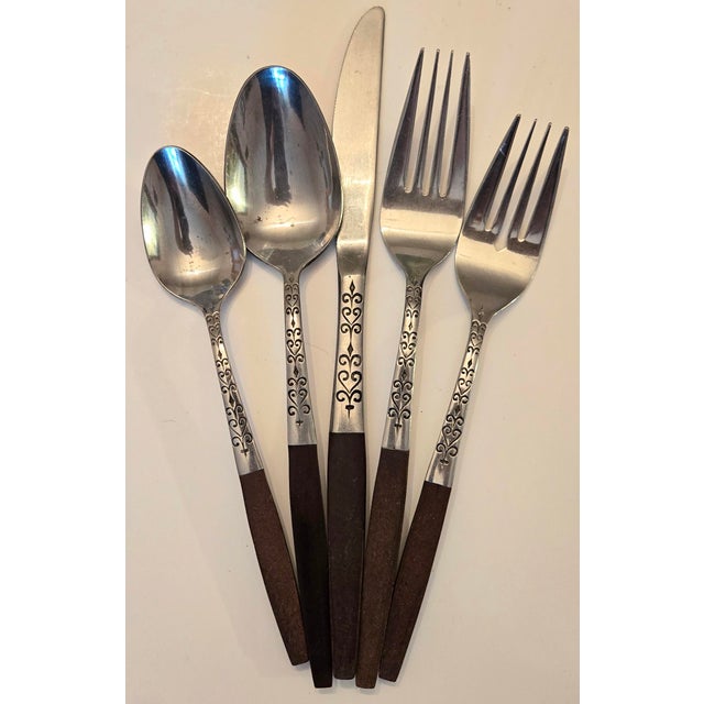 Mid Century Wood Handled Flatware - Set of 62 | Chairish