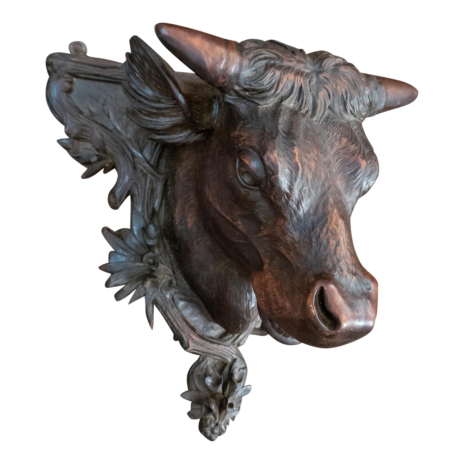 19th Century German Carved Black Forest Walnut Head of a Bull Cow ...
