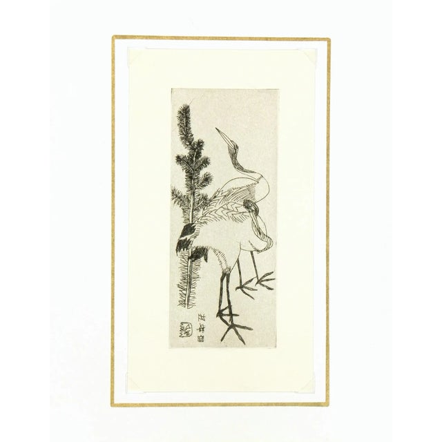 Stork Etching on White Mat with Gold Border | Chairish