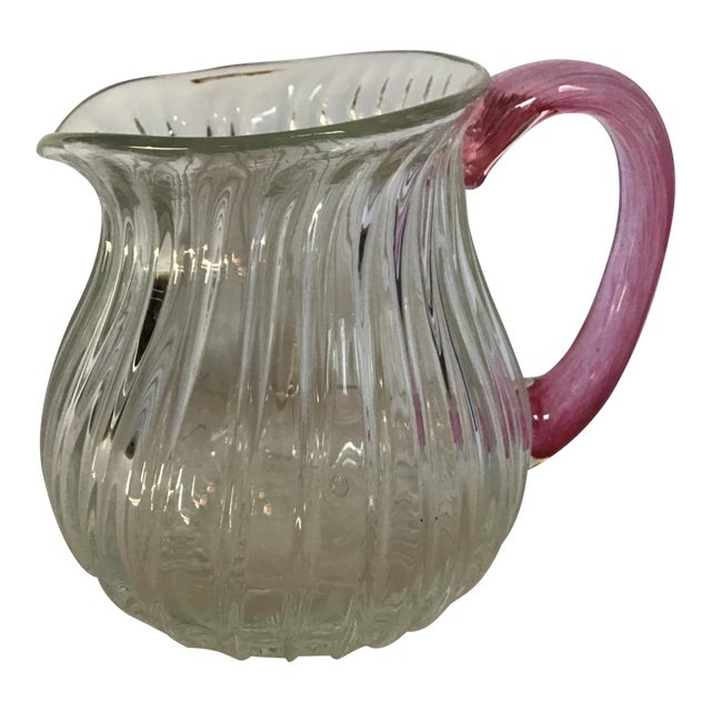 Vintage Ribbed Blown Glass Round Pitcher With Pink Glass Handle | Chairish