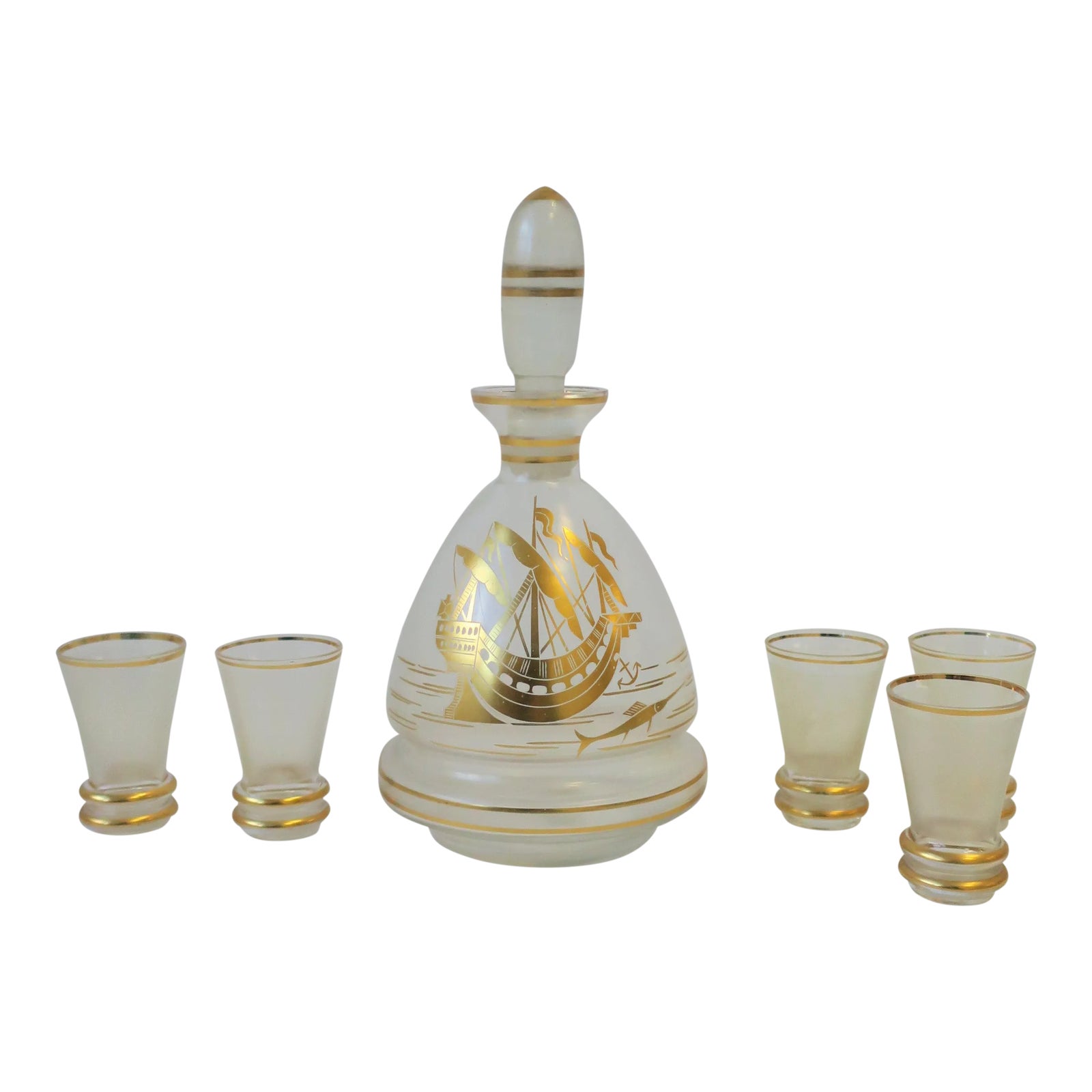 Vintage Liquor Decanter and Shot Glasses With Gold Nautical Design ...