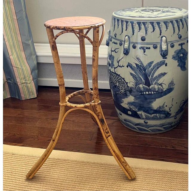 1970s Tri-Leg Tortoiseshell Bamboo Drink Table or Plant Stand | Chairish