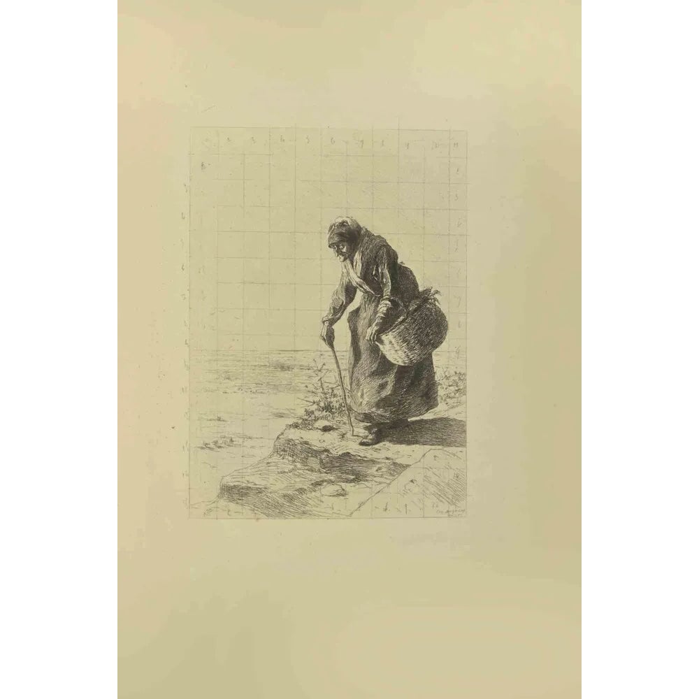 Eugène Burnand, Old Woman with Stick, Etching, Late 19th Century | Chairish