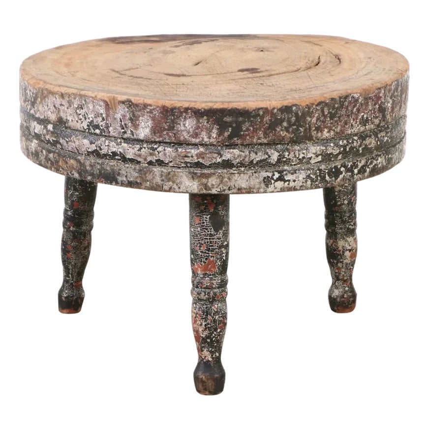 Rustic Round Wood Slice Painted Three-Legged Accent Table | Chairish