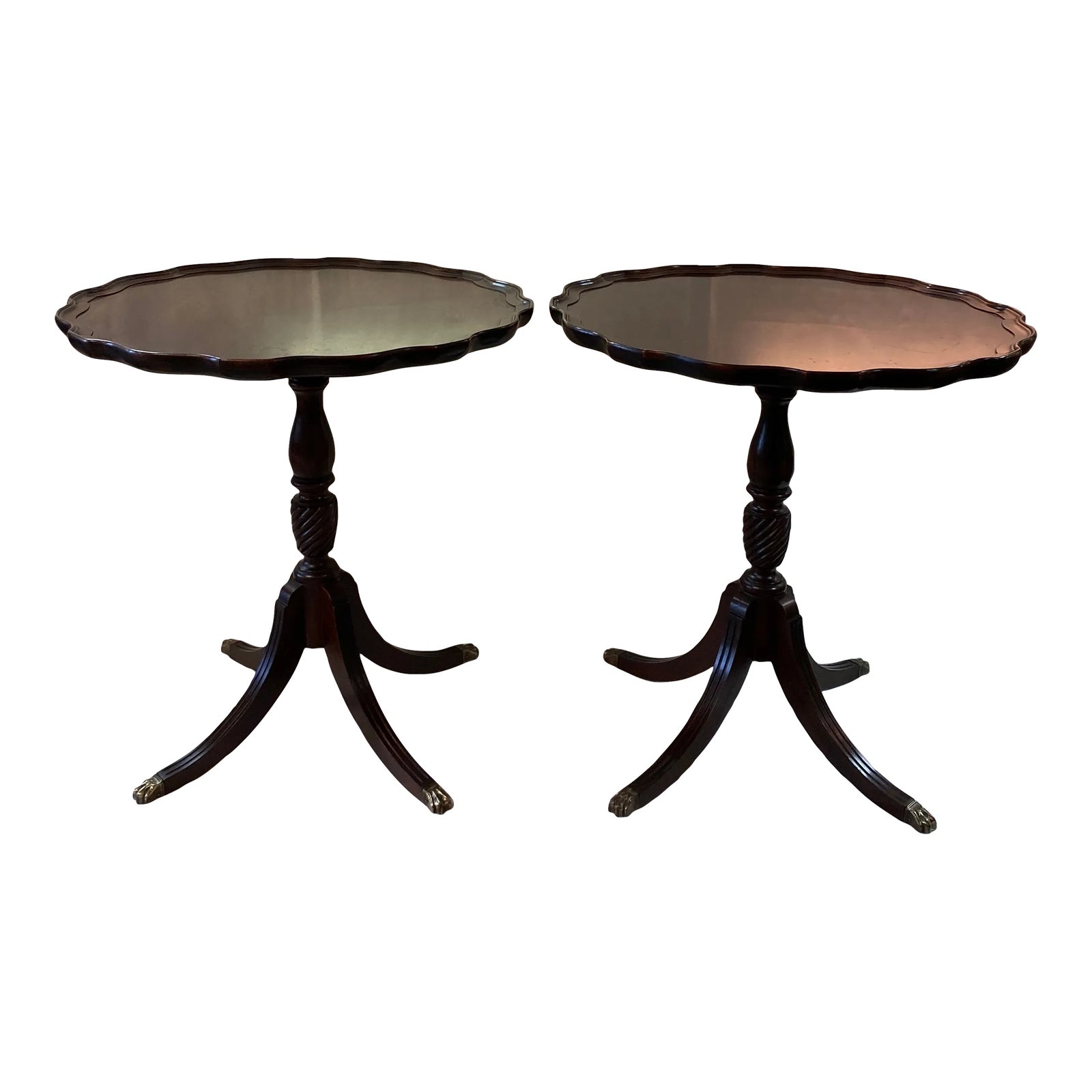 Pair of Vintage Mahogany Scallop Edge Parlor Tables by Brandt | Chairish