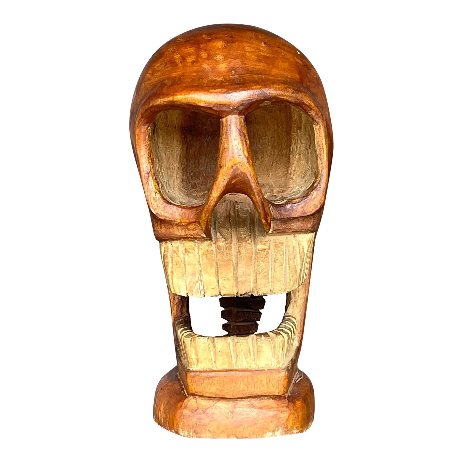 Vintage Boho Carved Wooden Skull Sculpture | Chairish