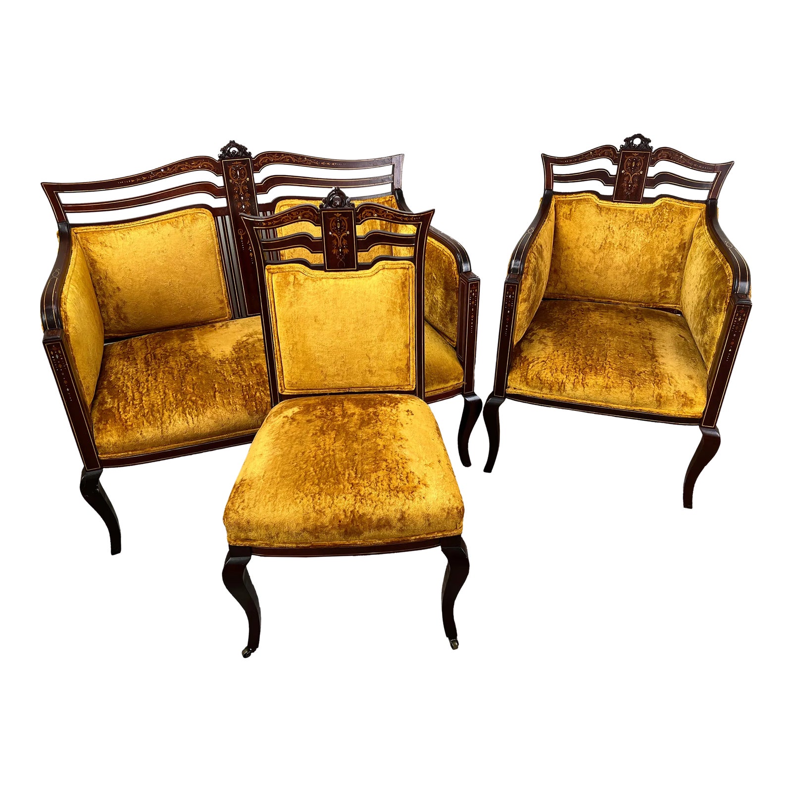 Antique Edwardian Mahogany Inlaid Parlor Set Circa 1910 | Chairish