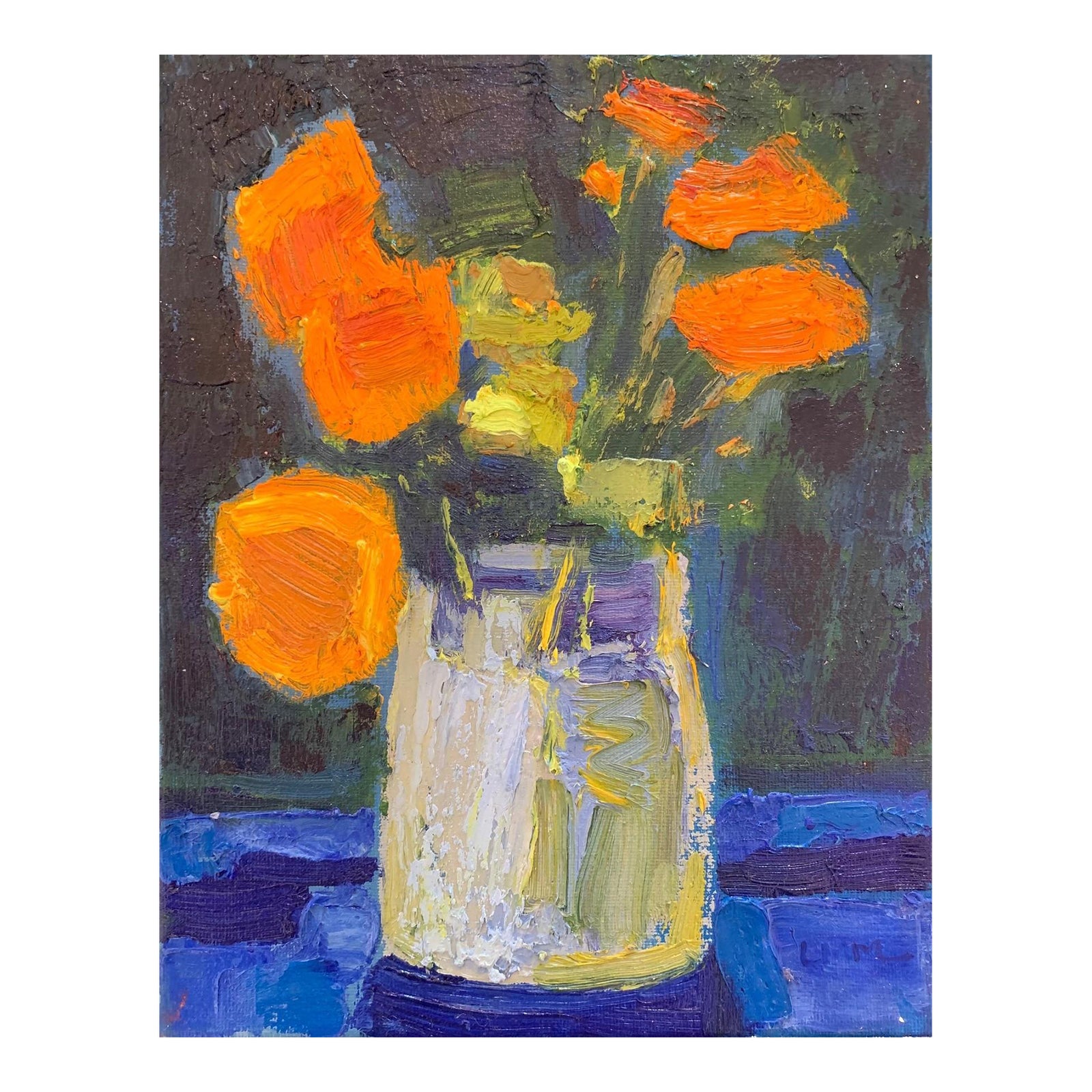 ‘Orange Flowers in Blue Vase’ Still Life Contemporary Mixed Media ...