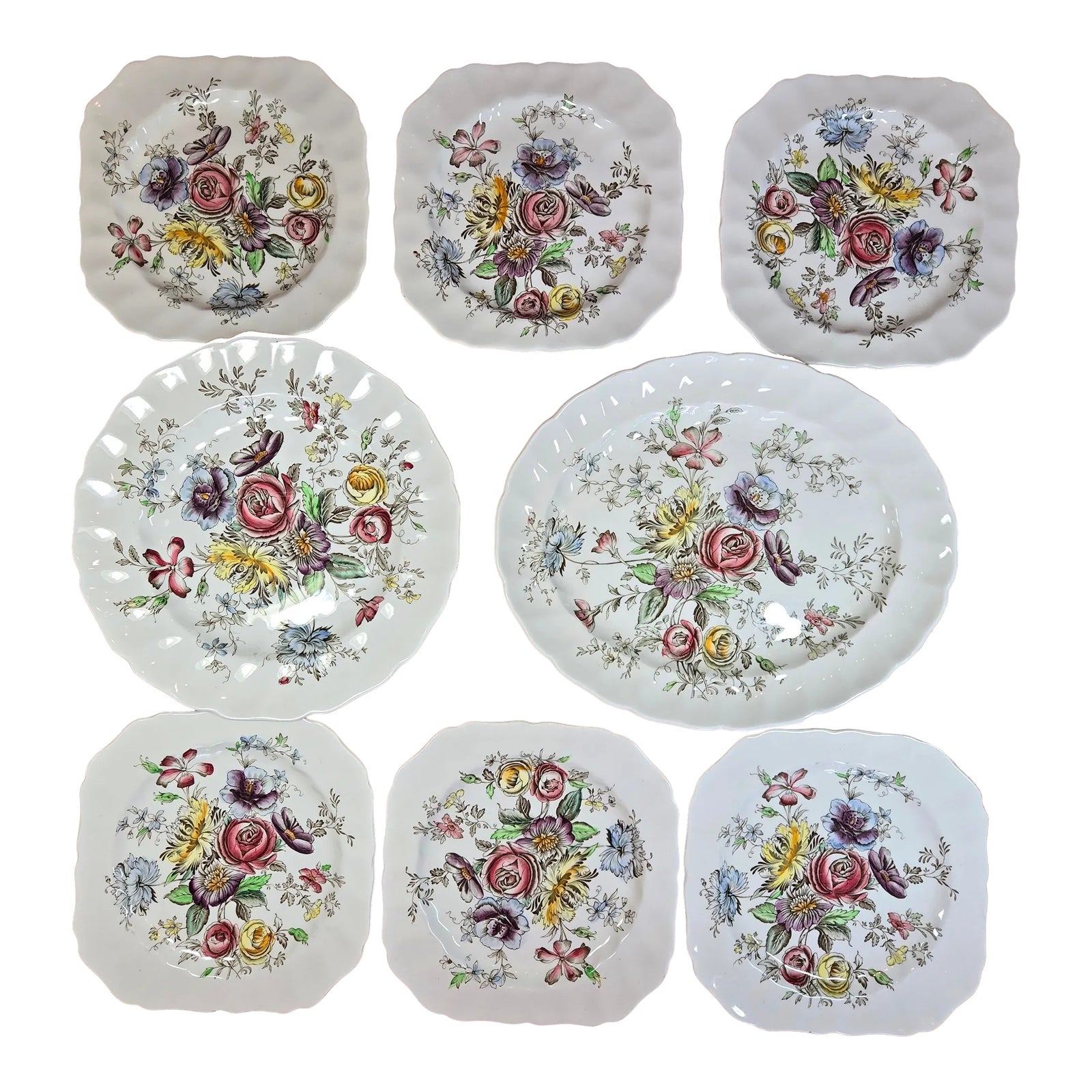 Vintage Set of Spring Flowers Ironstone Plates - Set of 8 | Chairish