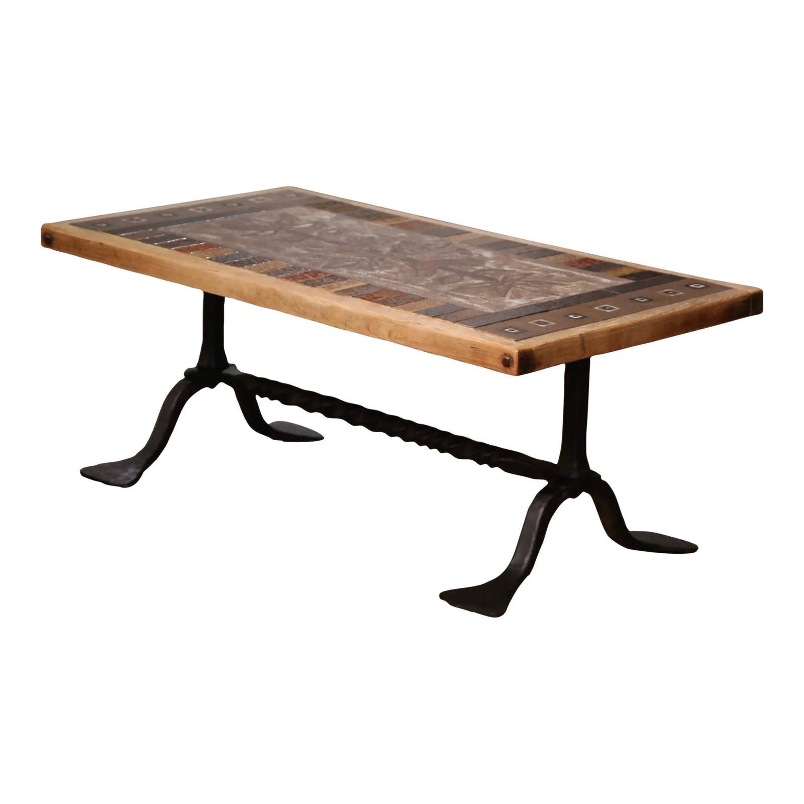Mid-Century French Oak Ceramic and Wrought Iron Coffee Table Signed j.g ...