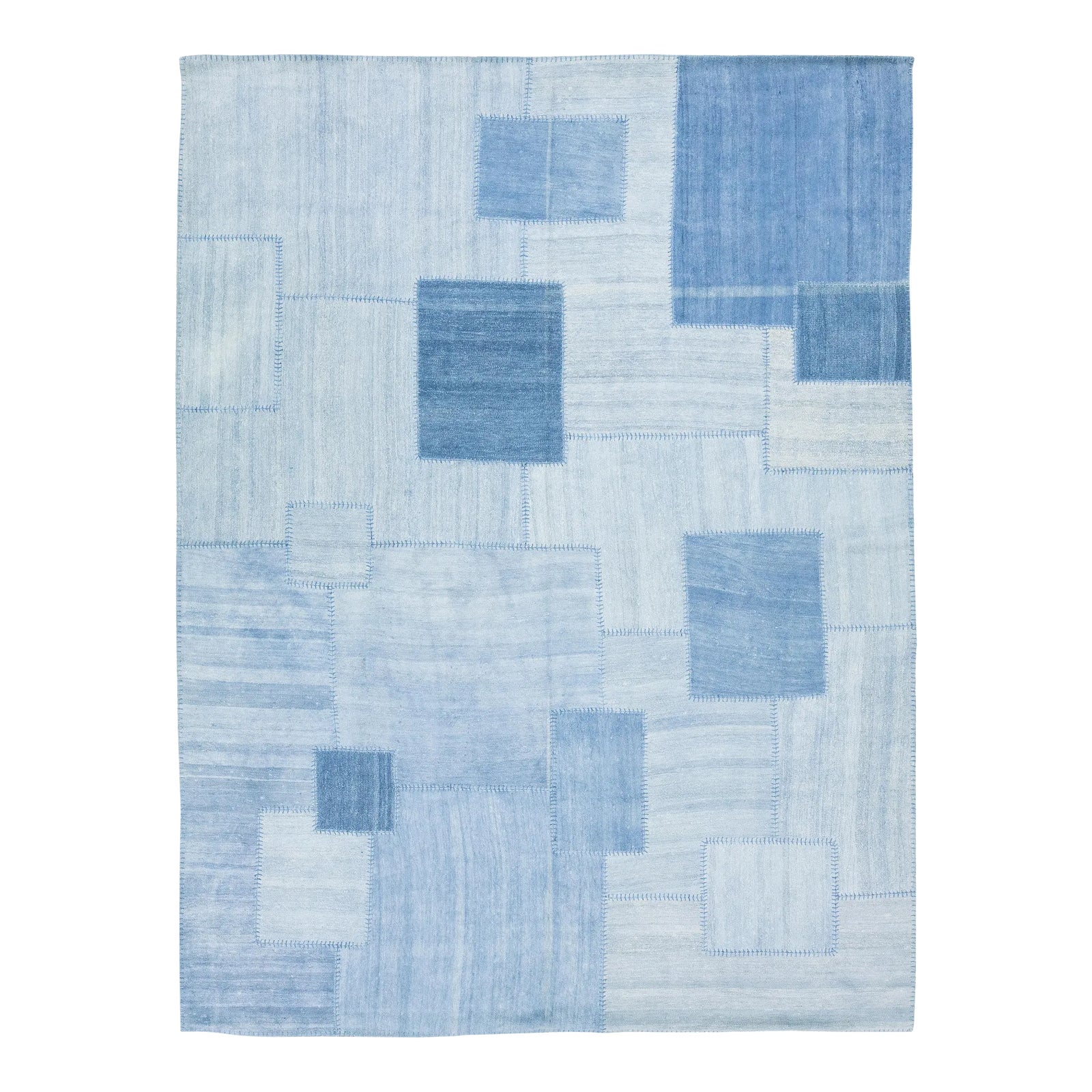 Blue Denim Designed Kilim Flatweave Wool Rug | Chairish