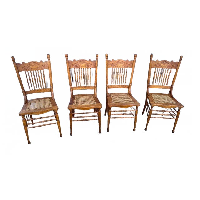 Early 20th Century Antique Pressed Back Oak Cane Seat Dining Chairs ...