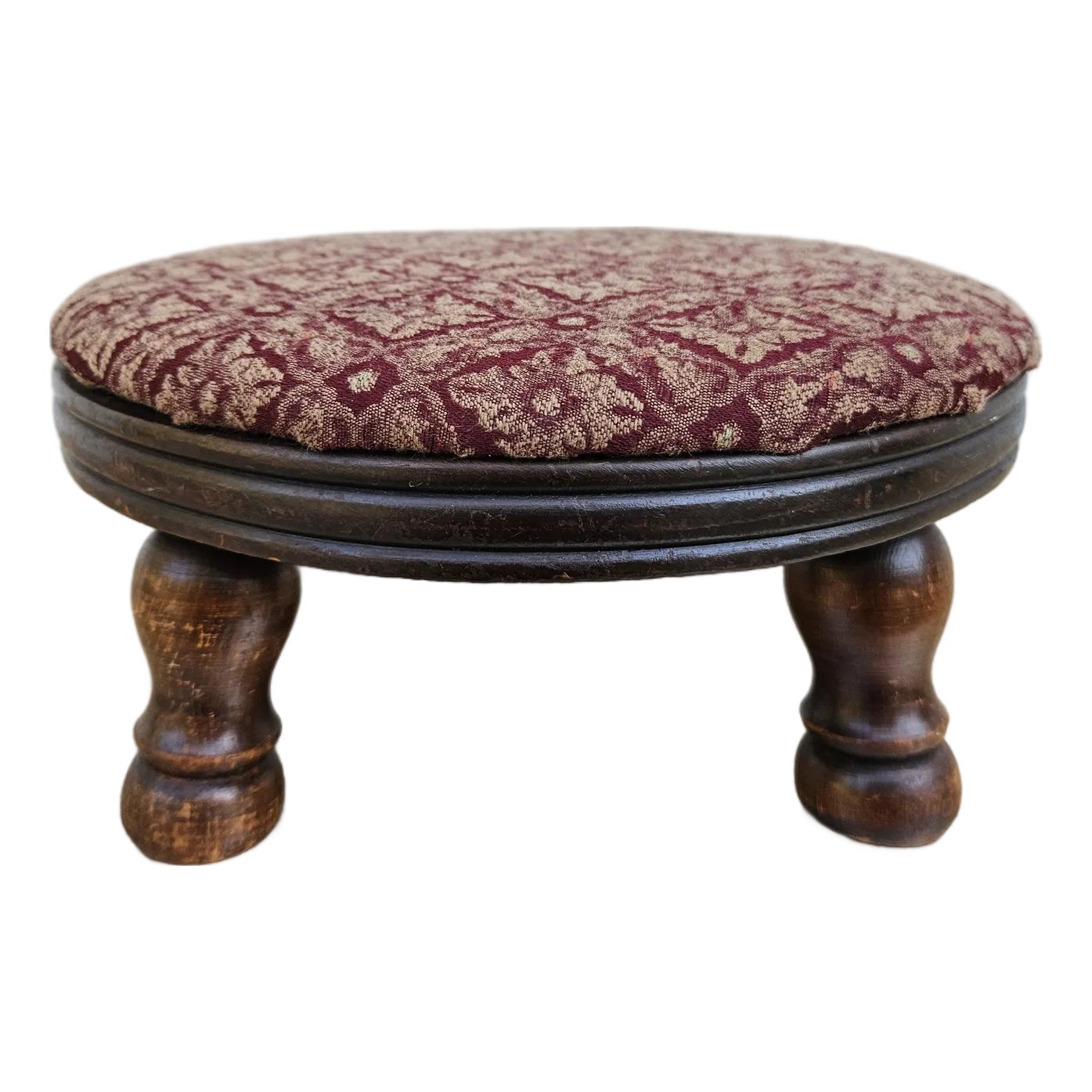 Antique Round Burgundy and Gold Footstool | Chairish