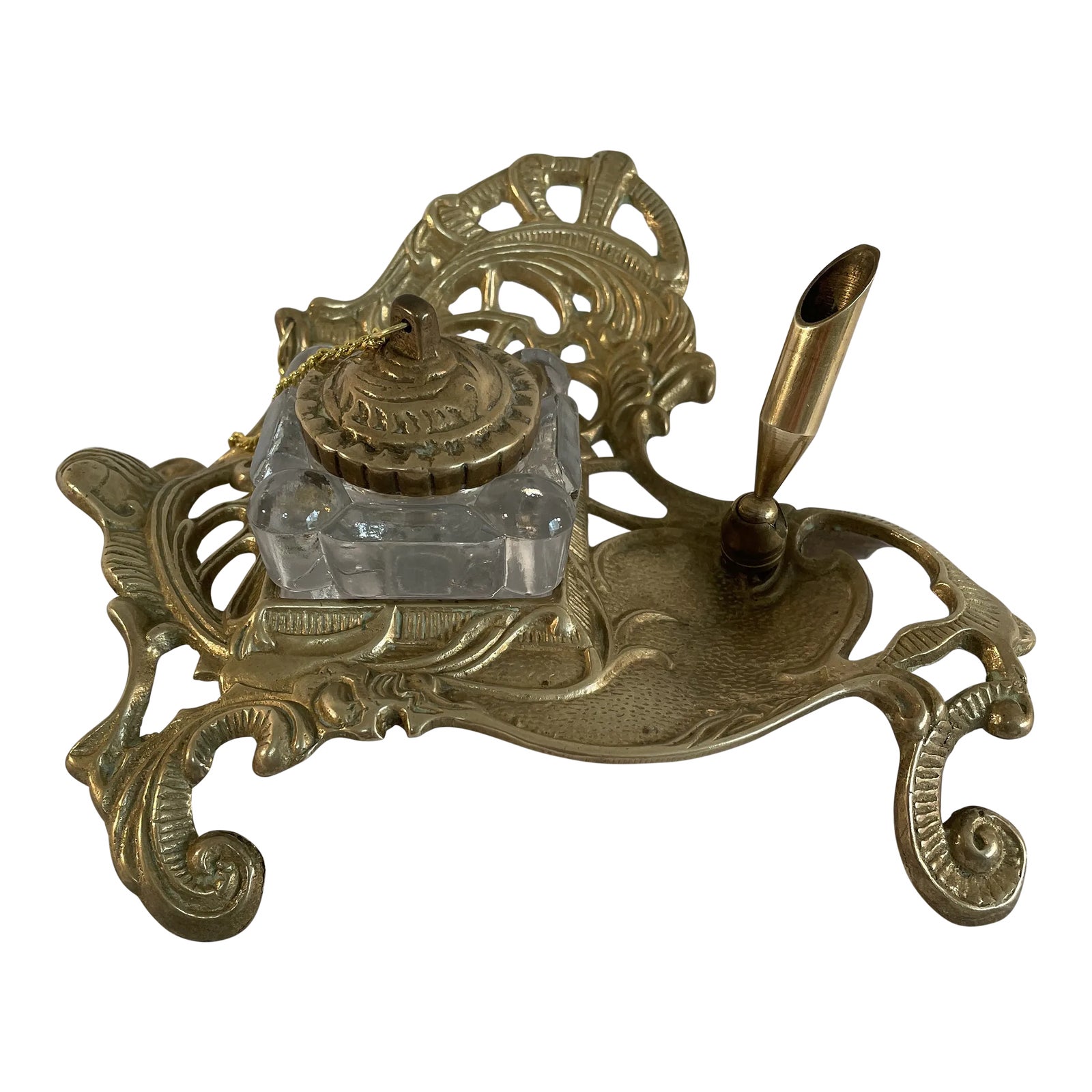 Victorian Style Brass and Glass Inkwell & Pen Holder | Chairish