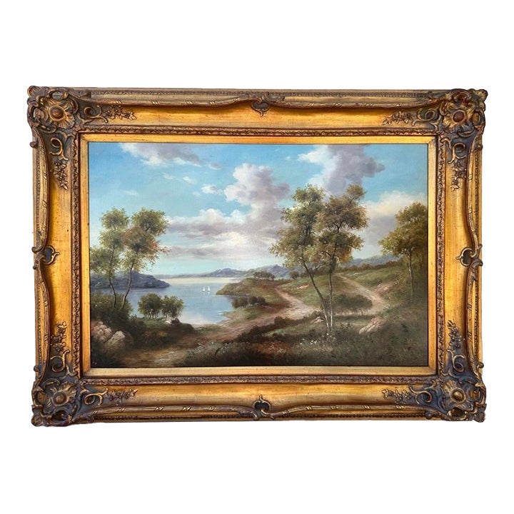 Late 19th Century John Pollins "Tree Line Trails Lake With Sailboats ...