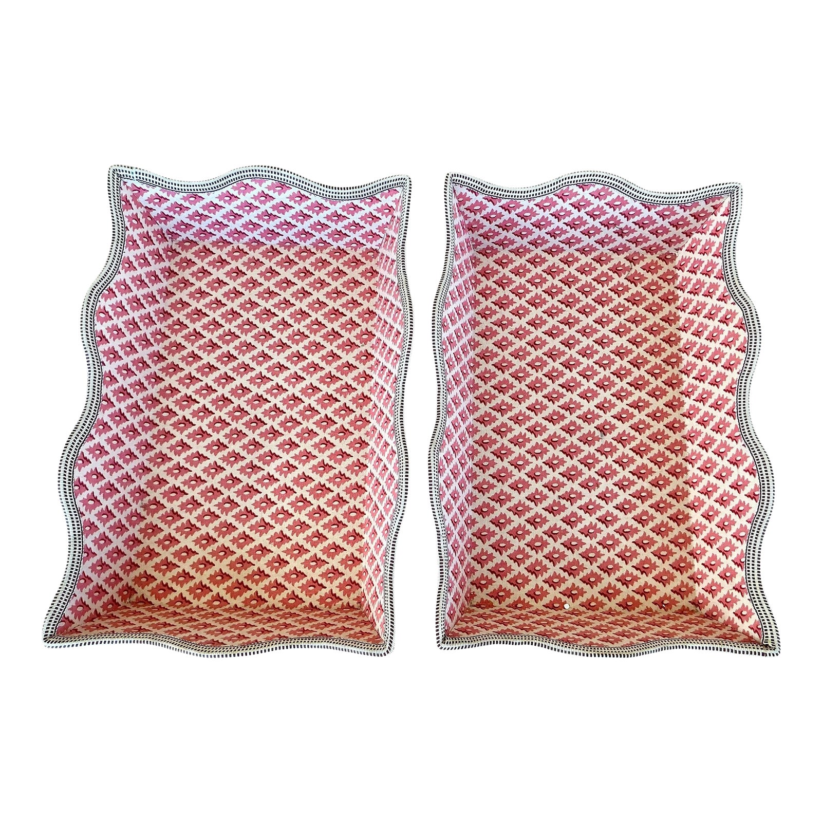 Pair of 1990s Upholstered Rectangular Scalloped Fabric Trays With Woven ...