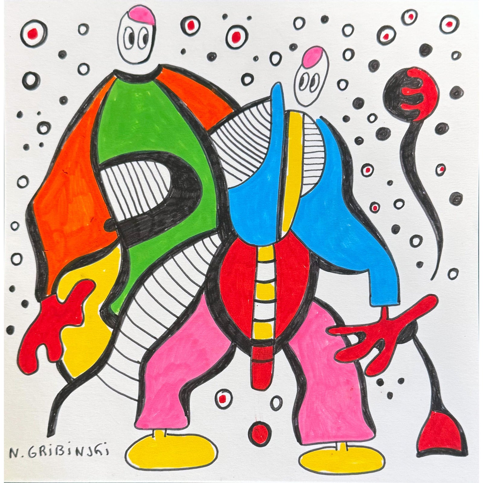 Guardians of the Spark — Small Abstract Figurative Drawing (8 X 8 In, 2025) | Chairish