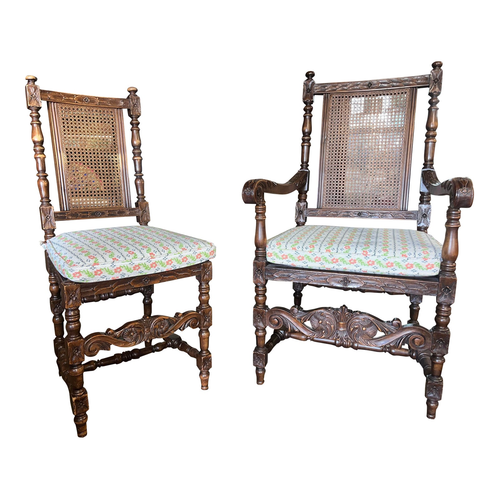 Early 20th Century Renaissance Style Carved Wood Chairs With Cane Seat ...