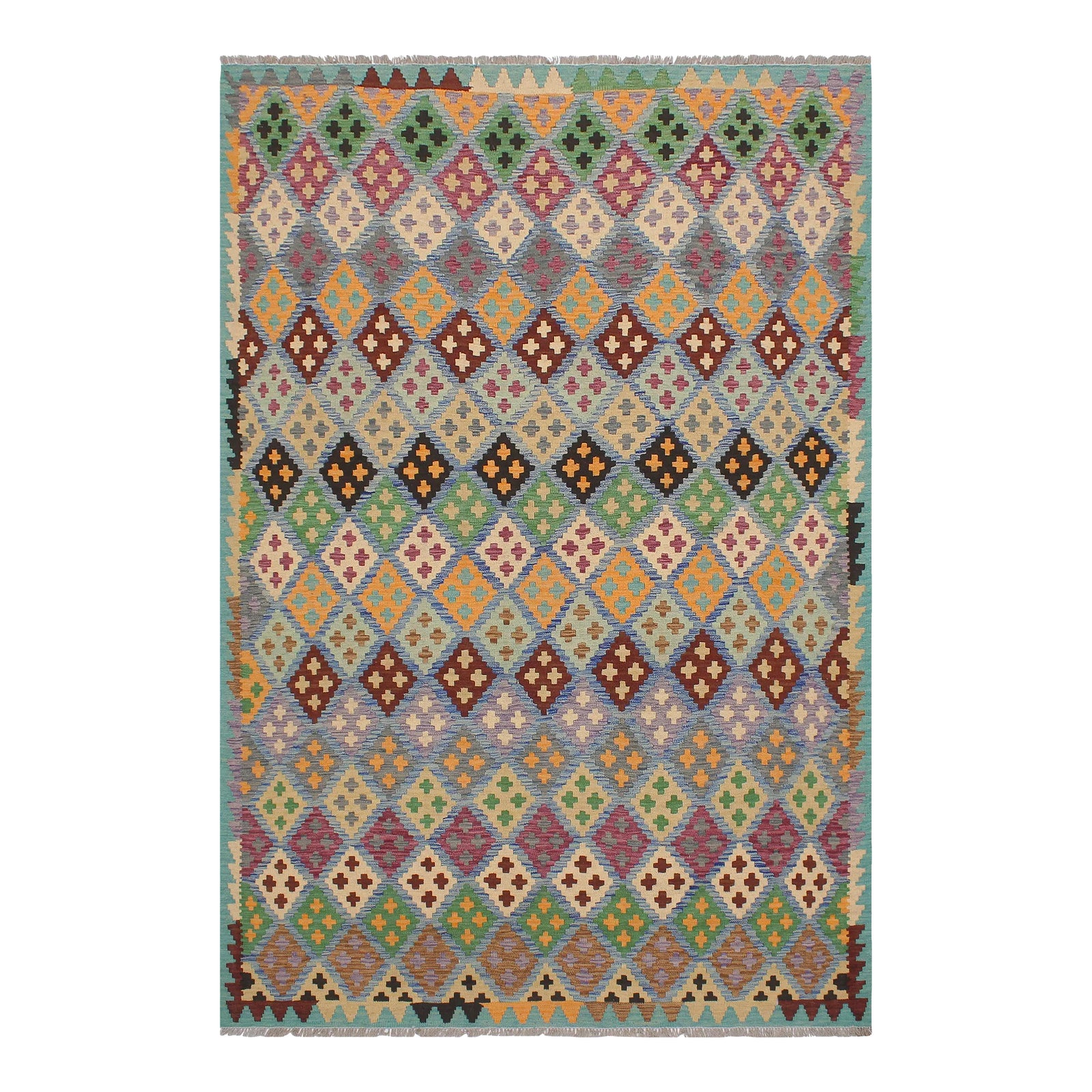 Tribal Kilim Blue Beige Wool Rug - 6'3" X 7'10" | Chairish