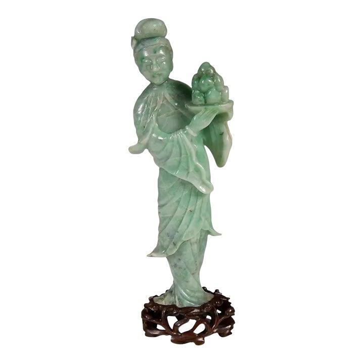 Antique Green Jade Jadeite Carving of Chinese Beauty With Peaches ...