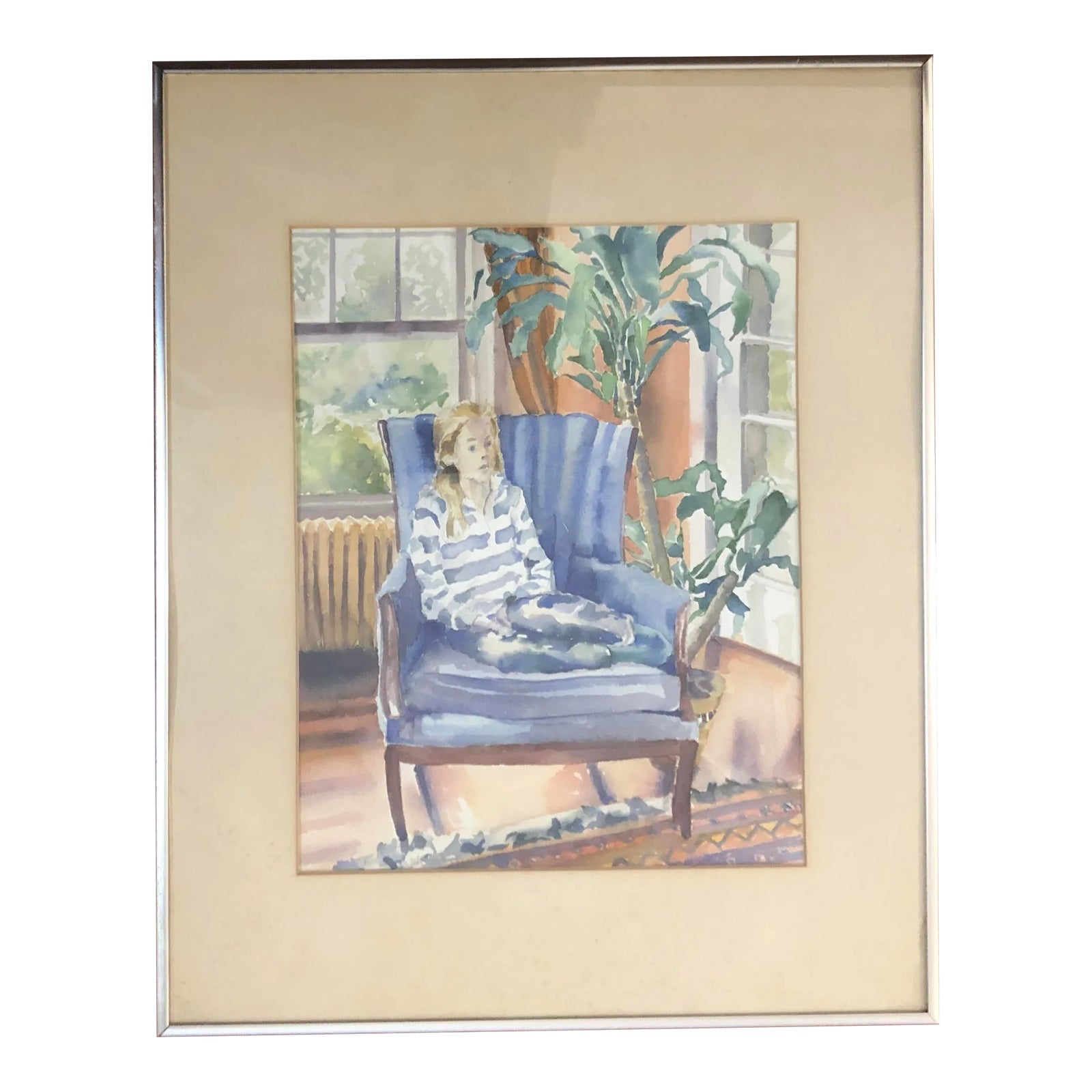 Vintage Impressionist Style Interior Scene Watercolor Painting of Girl ...