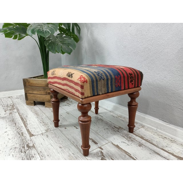 Kilim Upholstered Farmhouse Style Padded Footstool | Chairish
