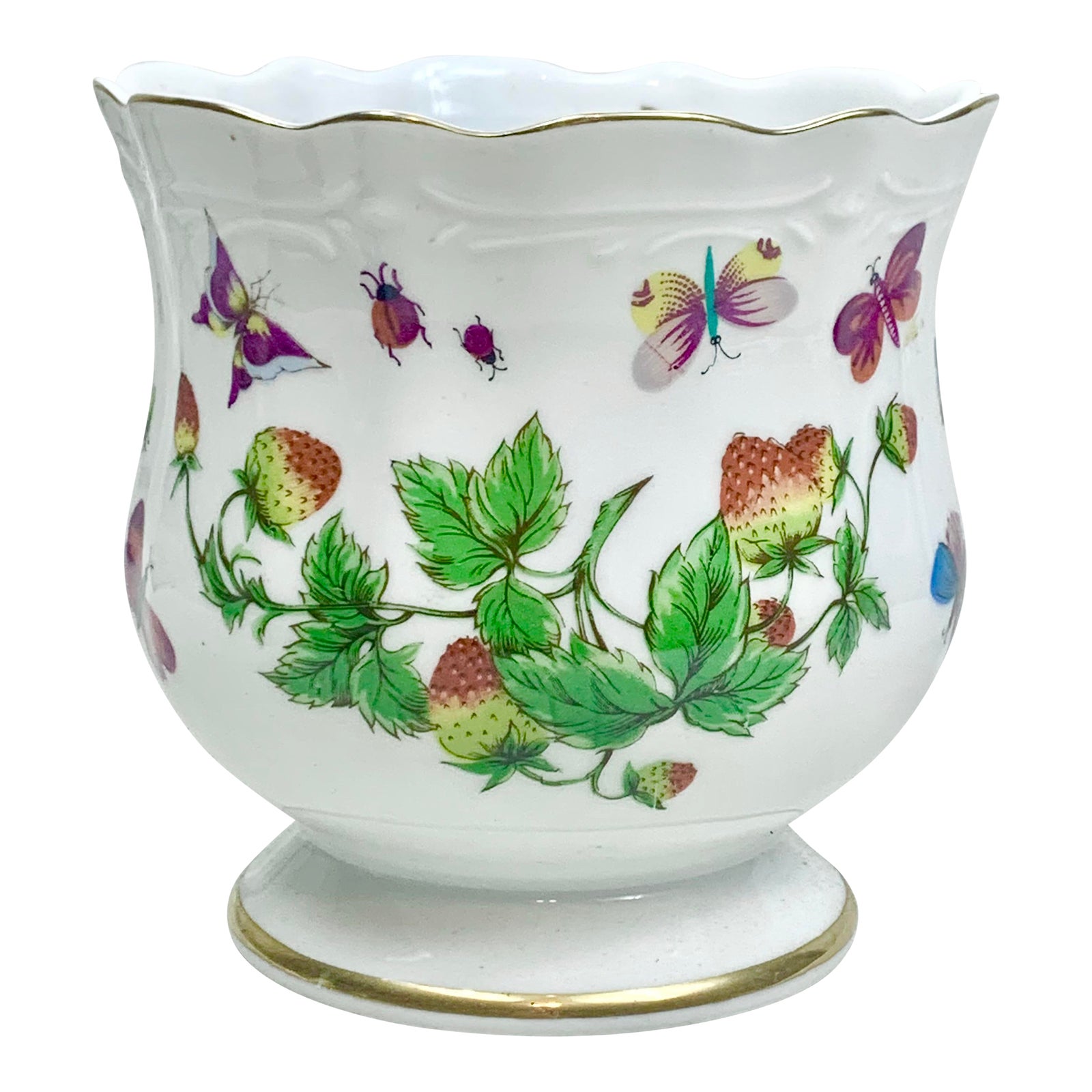 Vintage Flower and Butterfly Small Cachepot | Chairish