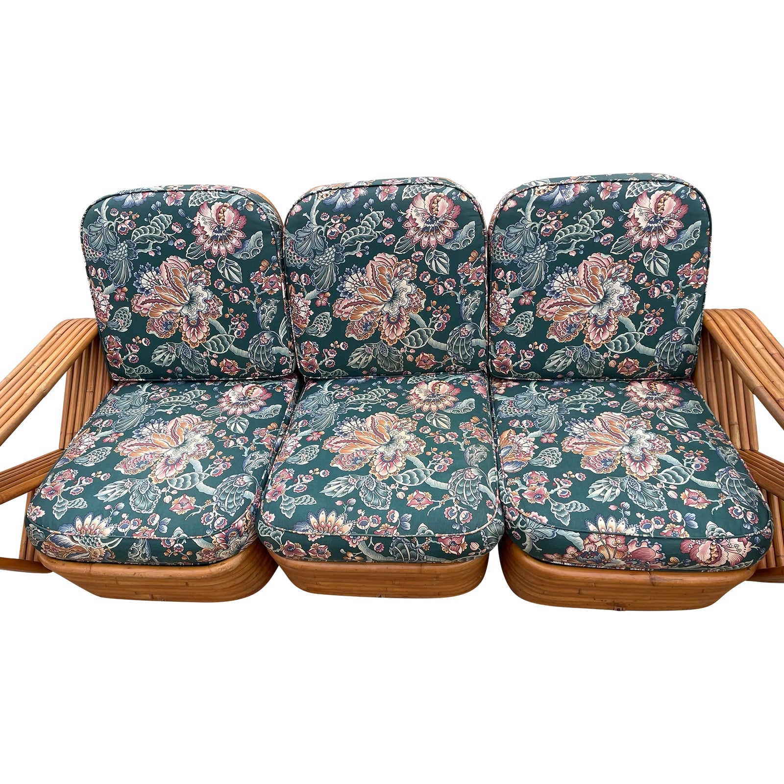 Paul Frankl Style Rattan & Bamboo Six Strand Pretzel Arm Sofa | Chairish