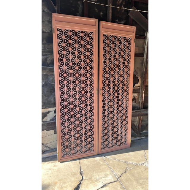 Pair of 1950's Japanese Kumiko Architecture Technique Wood Panel Doors ...