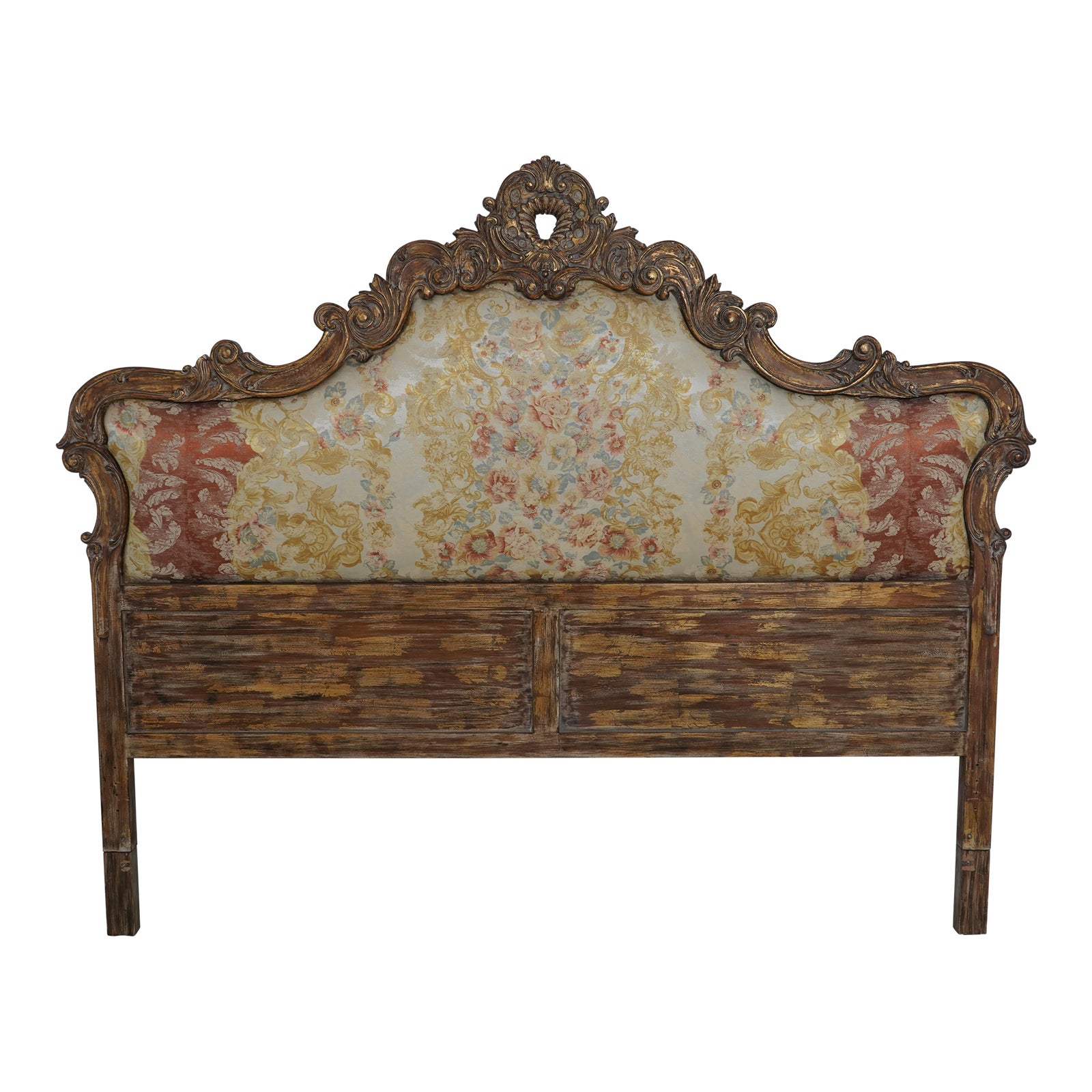King Size French Polychrome Finish Upholstered Bed Headboard | Chairish