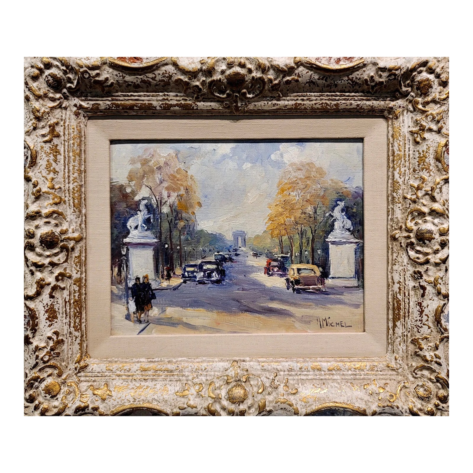 Andre Michel -1940s Champ Elysees Parisian Scene-Oil Painting | Chairish