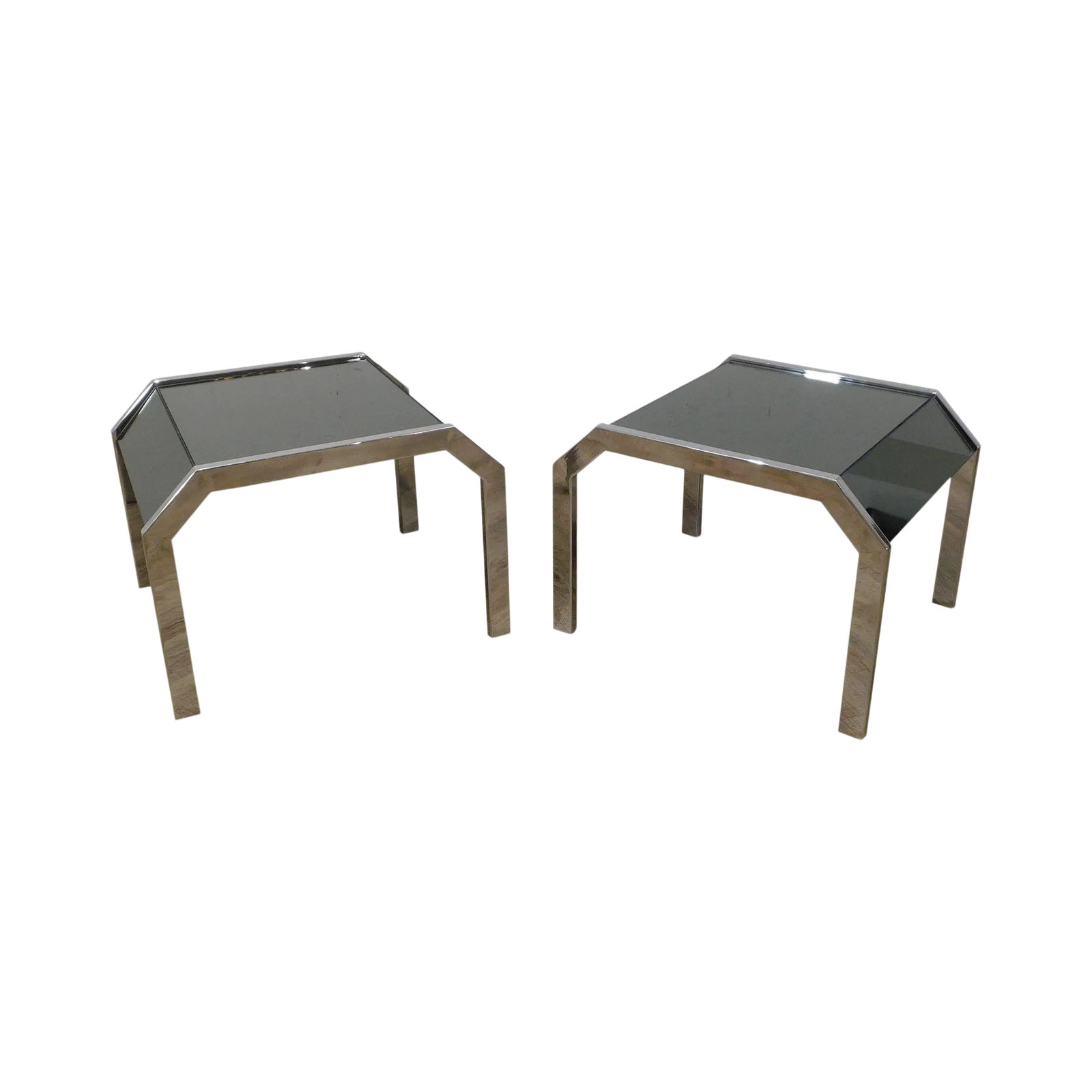 Mid-Century Modern Chrome & Smoked Mirror Side Tables - a Pair | Chairish