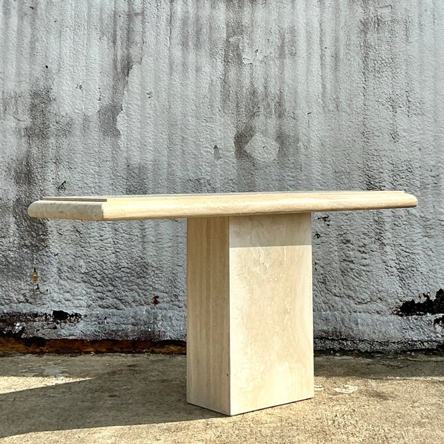 Vintage Boho Bullnose Travertine Console Table | Chairish