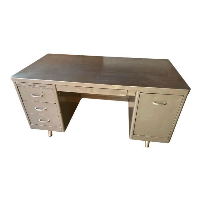 1960s Vintage Metal Tanker Desk With Typewriter Shelf | Chairish