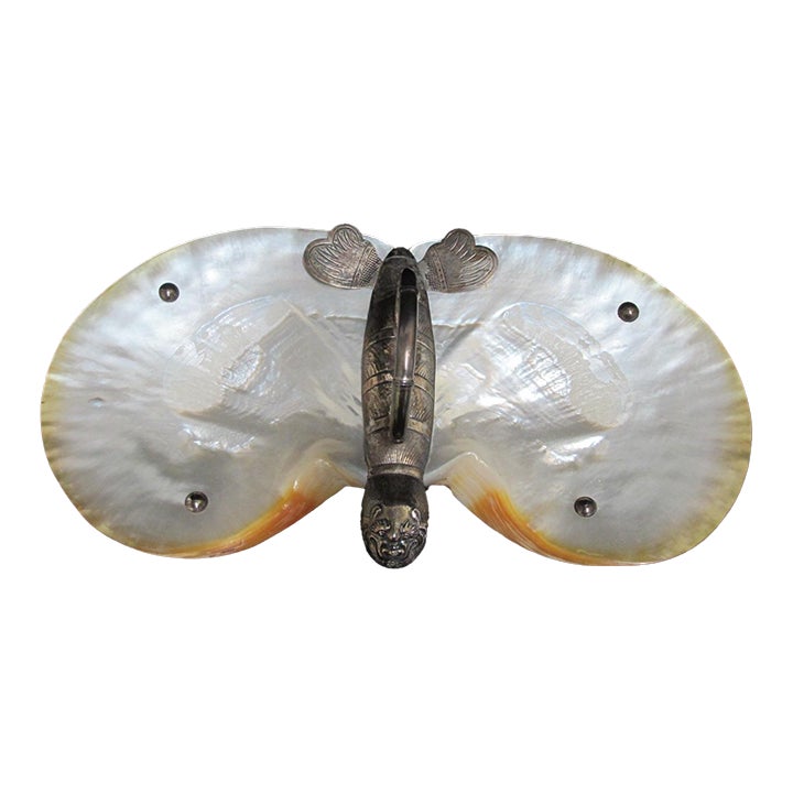 Chinese Butterfly Silver & Mother of Pearl Shell Footed Serving Tray ...