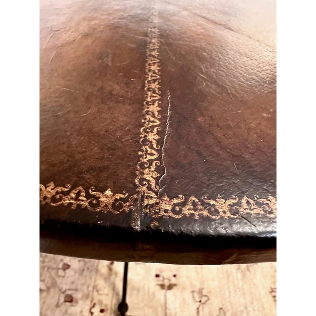 Tooled Leather and Iron Round Side Table | Chairish