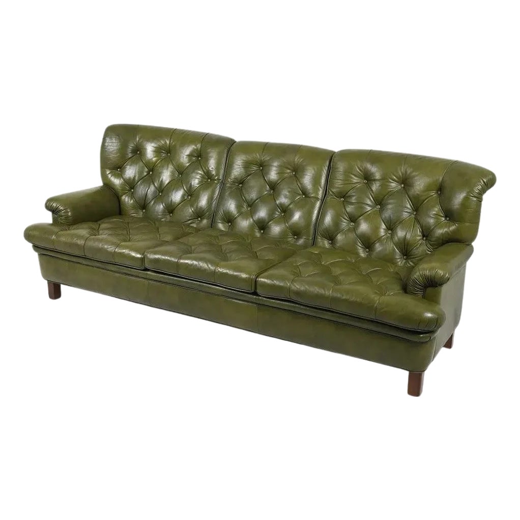 1960s Arne Norell Swedish Tufted Olive Leather Sofa “Jupiter Sofa ...