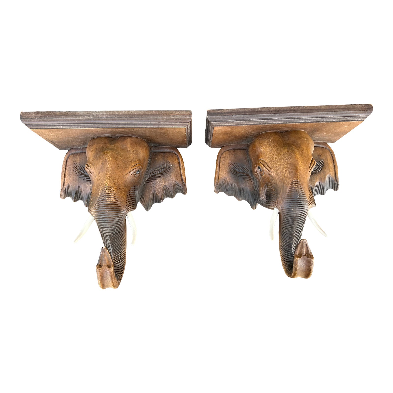 1990s Carved Wooden Elephant Wall Shelves- Set of 2 | Chairish