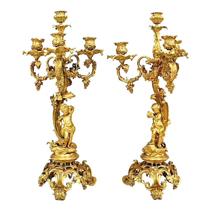 French Louis XV Style Bronze Dore Four Arm Cupid Candelabras - A Pair ...