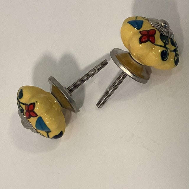 1960s Hand Painted Ceramic Yellow Cabinet Knobs - Set of 2 | Chairish