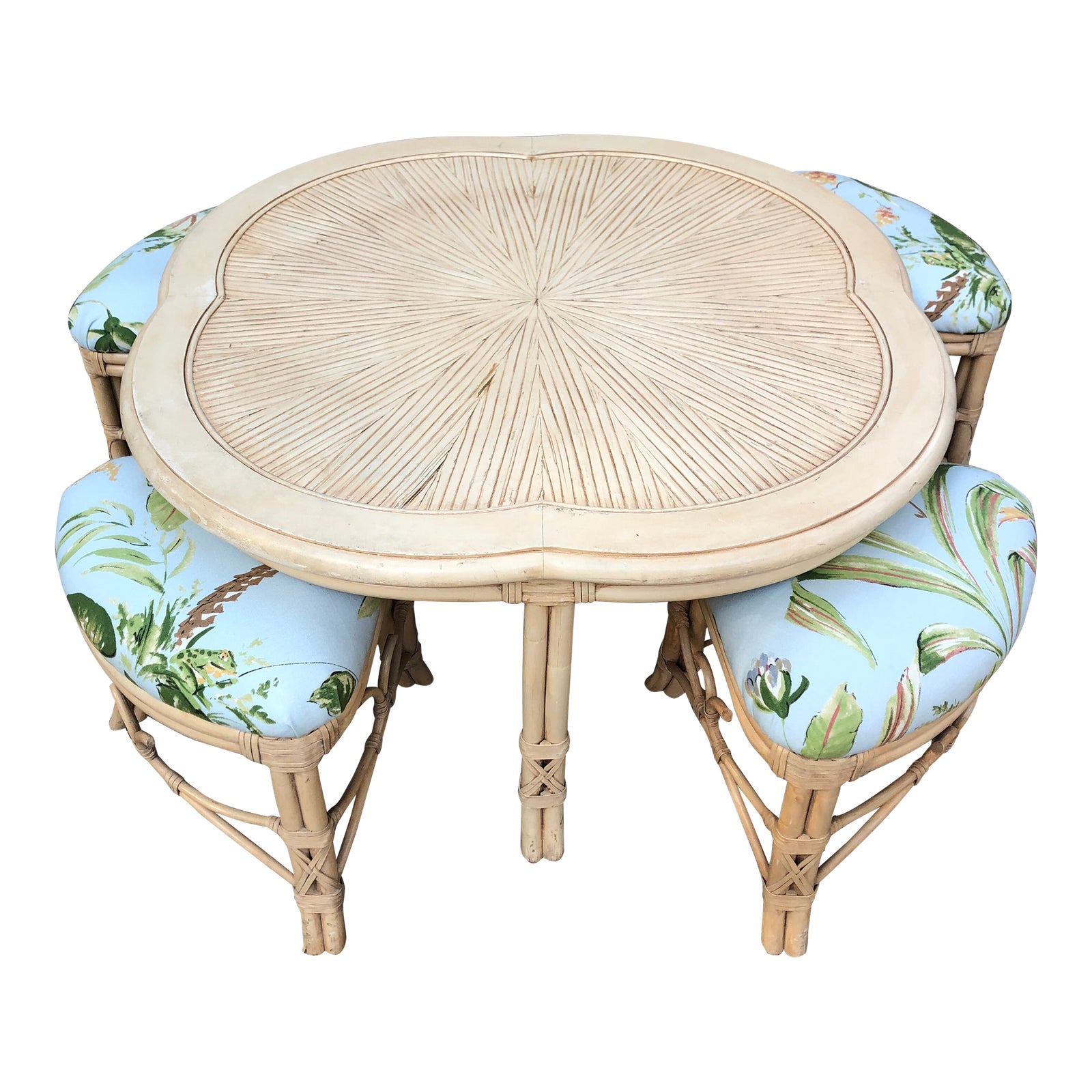 Mid 20th Century Vtg. Rattan Clover Shaped Cocktail Table With 4 Bonus ...