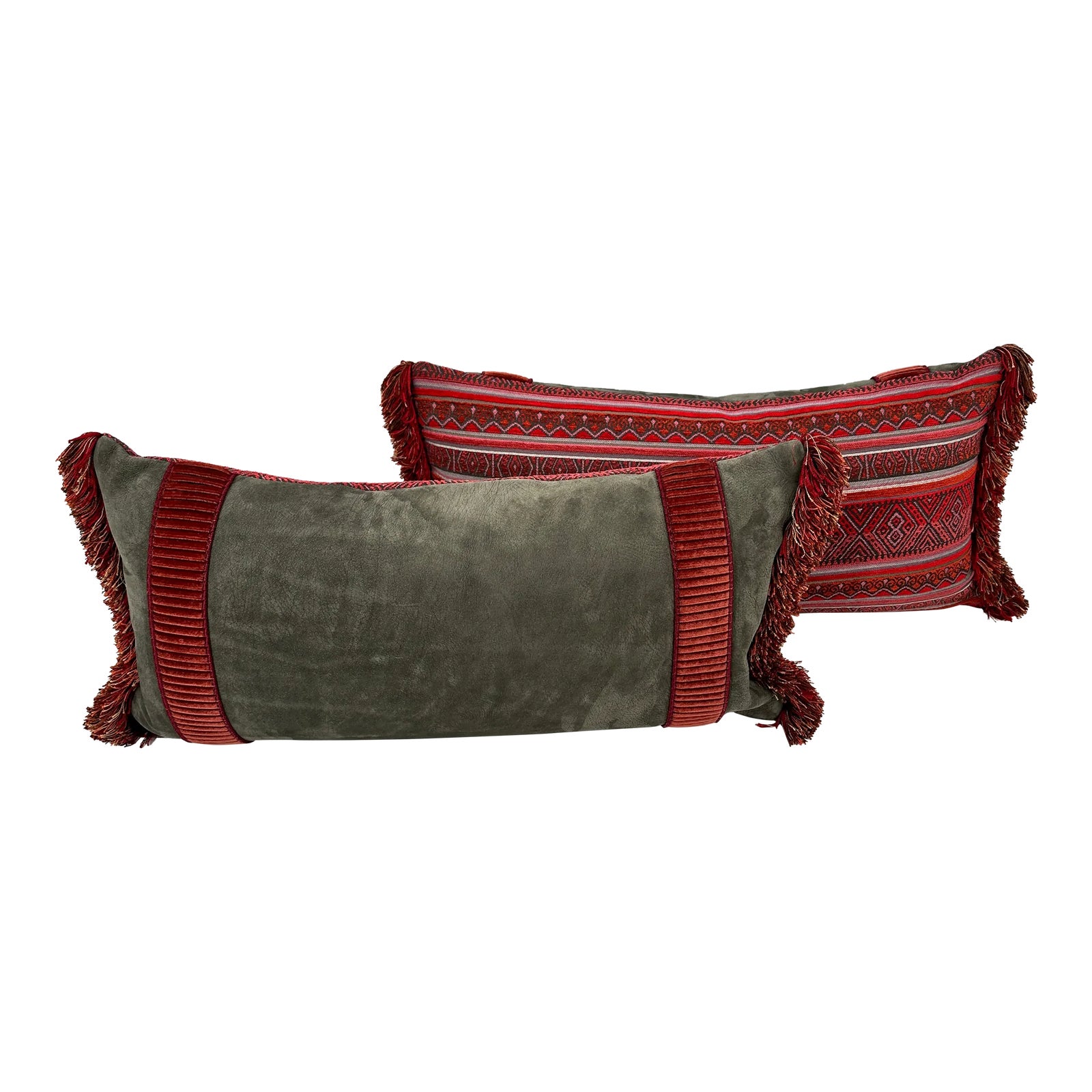 Gray Natural Suede & Red Belgian Weave Pillows- a Pair | Chairish