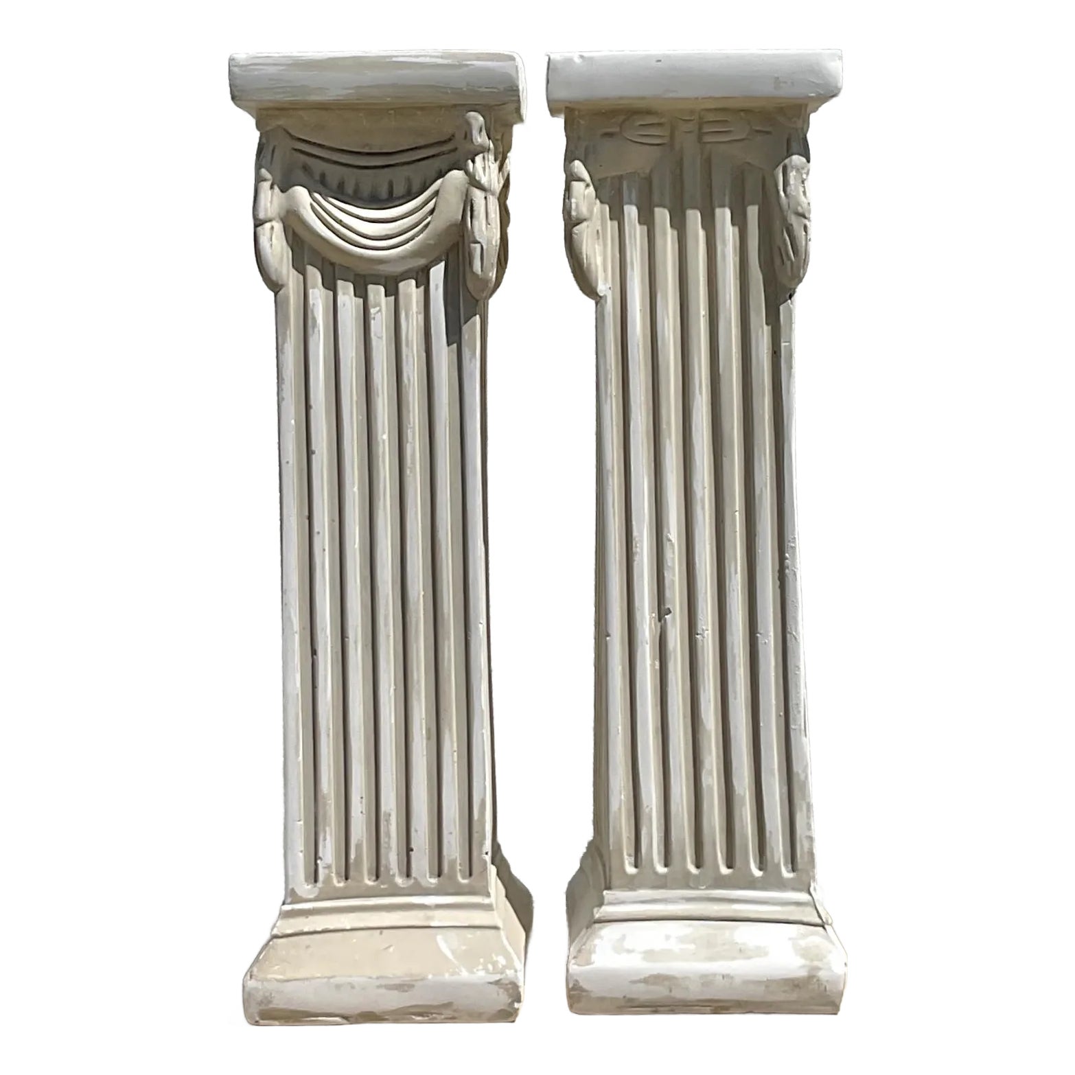 Vintage Boho Cast Plaster Over Wood Column Pedestals - A Pair | Chairish