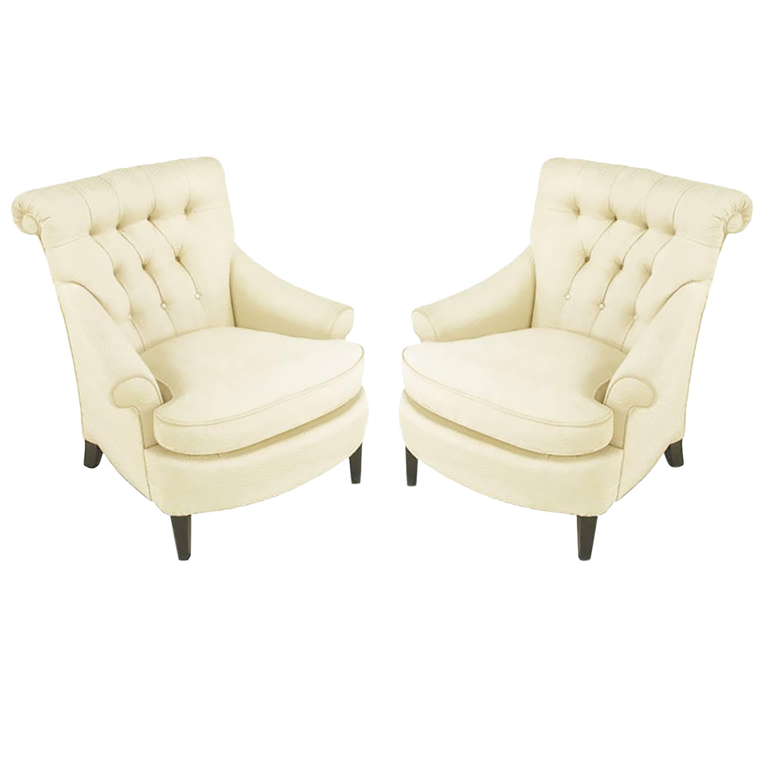 Ivory Silk Blend Button Tufted Rolled Back Lounge Chairs - a Pair ...