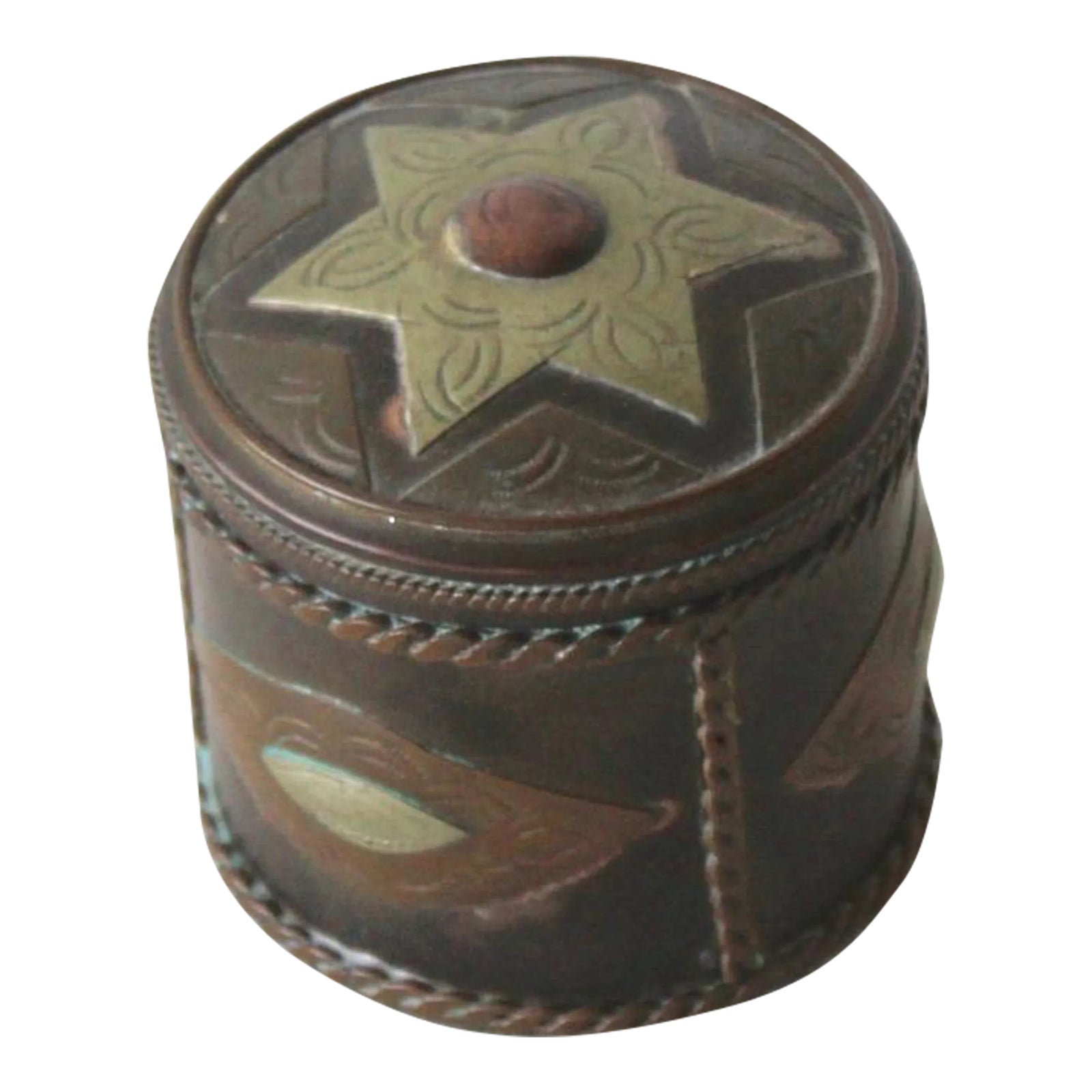 Vintage Spanish Style Cylindrical Brass Copper White Metal Lidded ...